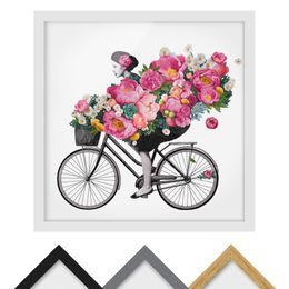 Bild mit Rahmen Illustration Frau auf Fahrrad Collage bunte Blumen