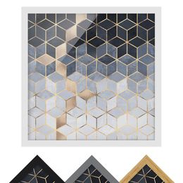 Bild mit Rahmen Blau Wei&szlig; goldene Geometrie