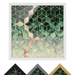Bild mit Rahmen Gr&uuml;ne Bl&auml;tter goldene Geometrie