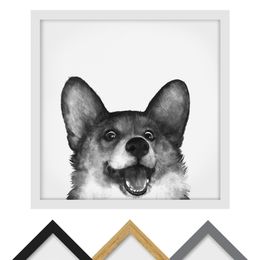 Bild mit Rahmen Illustration Hund Corgi Wei&szlig; Schwarz Malerei