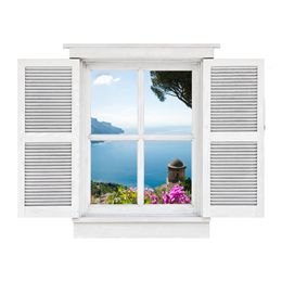 3D Wandtattoo Fl&uuml;gelfenster Ausblick vom Garten aufs Meer Fenster Wandsticker 3D-Optik Wandaufkleber Fenster Ausblick in S-XXL 3D-Effekt
