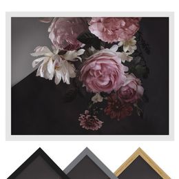Bild mit Rahmen Rosa Blumen auf Schwarz