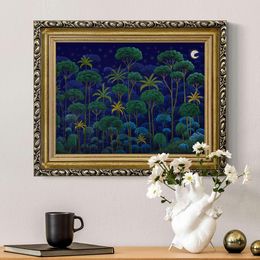 Bilderwelten Bild mit Barockrahmen Antik Wald Tropisch Barock blau - Mitternacht im Regenwald - Asia Wohnzimmer Schlafzimmer