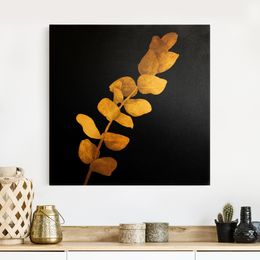 Leinwandbild Gold Gold - Eukalyptus auf Schwarz - Wandbilder XXL Print Botanik Tropical Wohnzimmer Schlafzimmer Bad Badezimmer K&uuml;che Flur Esszimmer