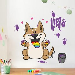 Bilderwelten Wandtattoo Tiere modern selbstklebend bunt - Pummeleinhorn - Hund mit Farbeimer - Hund Kinderzimmer Baby M&auml;dchen Jungen