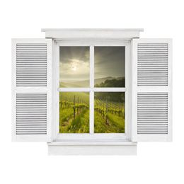 3D Wandtattoo Fl&uuml;gelfenster Sonnenstrahlen Weinberg Fenster Wandsticker 3D-Optik Wandaufkleber Fenster Ausblick in S-XXL 3D-Effekt