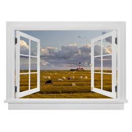 Bilderwelten Wandtattoo Strand modern 3D-Effekt Wandaufkleber - Offenes Fenster Nordsee Leuchtturm mit Schafsherde - Leuchtturm Wohnzimmer Schlafzimmer