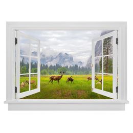 Bilderwelten Wandtattoo Tiere modern 3D-Effekt Wandaufkleber - Offenes Fenster Rehe in den Bergen - Berg Wohnzimmer Schlafzimmer