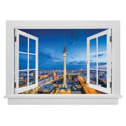 3D Wandtattoo Offenes Fenster Berlin Skyline bei Nacht mit Fernsehturm Fenster Wandsticker 3D-Optik Wandaufkleber Ausblick in S-XXL 3D-Effekt