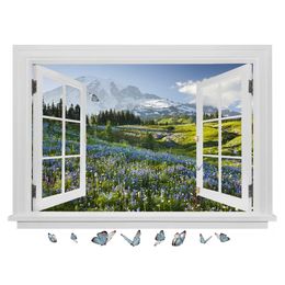 3D Wandtattoo Offenes Fenster Bergwiese mit Blumen vor Mt. Rainier und Schmetterlinge Fenster Wandsticker 3D-Optik Wandaufkleber Ausblick S-XXL