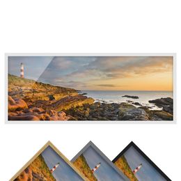 Strand Bild mit Rahmen Tarbat Ness Leuchtturm und Sonnenuntergang am Meer