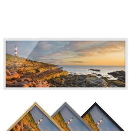 Strand Bild mit Rahmen Tarbat Ness Leuchtturm und Sonnenuntergang am Meer