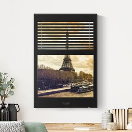 Akustik-Wechselbild Fensterausblick Jalousie - Paris Eiffelturm Sonnenuntergang