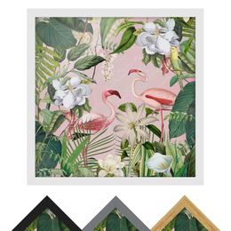 Bild mit Rahmen Tropische Flamingos mit Pflanzen in Rosa