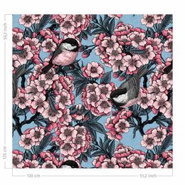 Bilderwelten Vorhang Kirschbl&uuml;ten und V&ouml;gel - blickdichte Gardine Blumen Floral Illustration Muster Tiere Wohnzimmer Schlafzimmer K&uuml;che Bad Badezimmer Blau