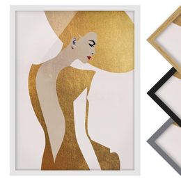 Bild mit Rahmen Dame mit Hut in Gold