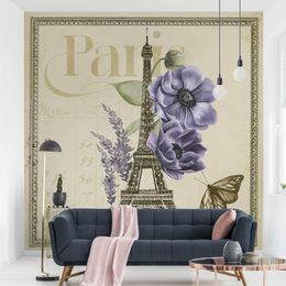 Fototapete Paris Collage Eiffelturm - Vliestapete nach Ma&szlig; Blumen Floral Illustration Kunstdruck Spr&uuml;che Skyline Stadt Wohnzimmer Schlafzimmer Bad