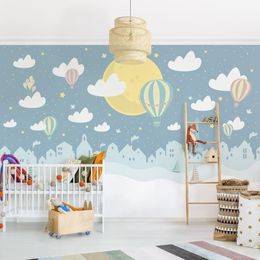 Fototapete Paris mit Sternen und Hei&szlig;luftballon - Vliestapete nach Ma&szlig; Kinder Skyline Stadt Himmel Illustration Kinderzimmer Jungen Jungenzimmer