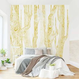 Fototapete No.MW20 Wohnwald Wei&szlig;-Gold - Vliestapete nach Ma&szlig; Wald B&auml;ume Natur Illustration Wohnzimmer Schlafzimmer Bad Badezimmer K&uuml;che Flur Esszimmer