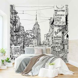 Fototapete Stadtstudie - Little Italy - Vliestapete nach Ma&szlig; Kunstdruck Schwarz-Wei&szlig; Skyline Stadt Illustration Wohnzimmer Schlafzimmer Bad