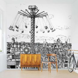 Fototapete Stadtstudie - Kettenkarussell - Vliestapete nach Ma&szlig; Kunstdruck Schwarz-Wei&szlig; Skyline Stadt Illustration Wohnzimmer Schlafzimmer Bad