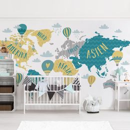 Fototapete Weltkarte mit Hei&szlig;luftballon - Vliestapete nach Ma&szlig; Kinder Weltkarte Kinderzimmer Jungen Jungenzimmer M&auml;dchen M&auml;dchenzimmer Baby