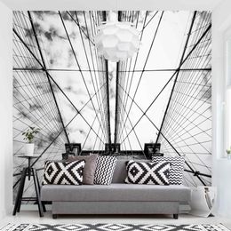 Fototapete Brooklyn Bridge in Perspektive - Vliestapete nach Ma&szlig; Industrial Skyline Stadt Wohnzimmer Schlafzimmer Bad Badezimmer K&uuml;che Flur Esszimmer