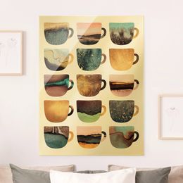 Glasbild Bunte Kaffeetassen mit Gold