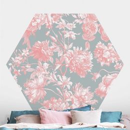 Hexagon Fototapete selbstklebend Floraler Kupferstich Rosagrau