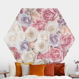 Hexagon Fototapete selbstklebend Pastell Paper Art Rosen