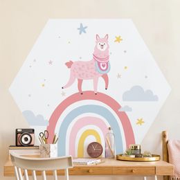 Hexagon Fototapete selbstklebend Lama auf Regenbogen mit Sternen und P&uuml;nktchen