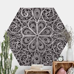 Hexagon Fototapete selbstklebend Metall Ornamentik Mandala in Silber