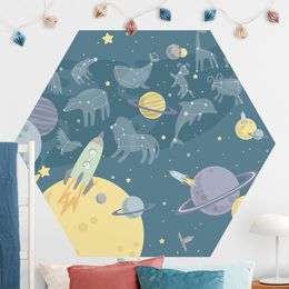 Hexagon Fototapete selbstklebend Planeten mit Sternzeichen und Raketen