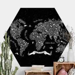 Hexagon Fototapete selbstklebend Typografie Weltkarte schwarz