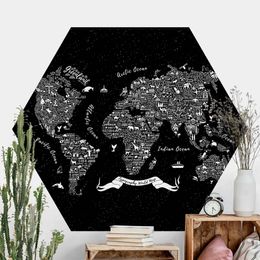 Hexagon Fototapete selbstklebend Typografie Weltkarte schwarz