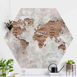Hexagon Fototapete selbstklebend Shabby Beton Backstein Weltkarte