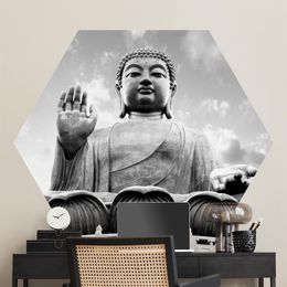 Hexagon Fototapete selbstklebend Gro&szlig;er Buddha Schwarz-Wei&szlig;