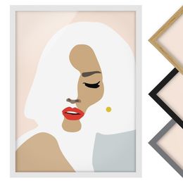 Gerahmtes Bild Line Art Portrait Frau Pastell Beige