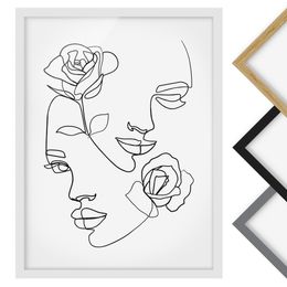 Gerahmtes Bild Line Art Gesichter Frauen Rosen Schwarz Wei&szlig;
