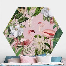 Hexagon Fototapete selbstklebend Tropische Flamingos mit Pflanzen in Rosa