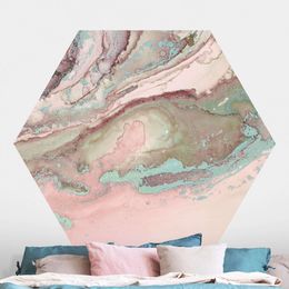 Hexagon Fototapete selbstklebend Farbexperimente Marmor Rose und T&uuml;rkis