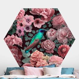 Hexagon Fototapete selbstklebend Blumenparadies Kolibri mit Rosen