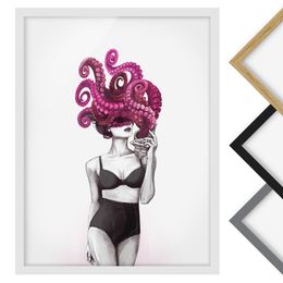 Gerahmtes Bild Illustration Frau in Unterw&auml;sche Schwarz Wei&szlig; Oktopus