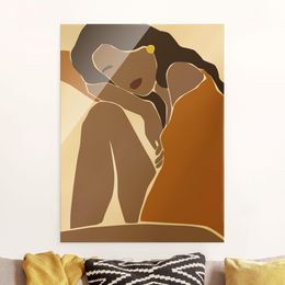 Glasbild Line Art Frau Braun Beige