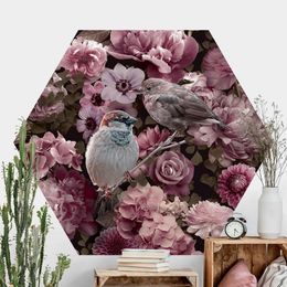 Hexagon Fototapete selbstklebend Blumenparadies Spatzen in Altrosa