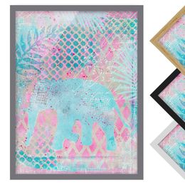 Bild mit Rahmen Bunte Collage - Elefant in Blau und Rosa