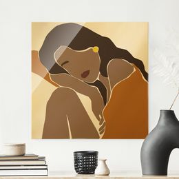 Glasbild Line Art Frau Braun Beige