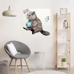 Glasbild Illustration Biber mit Kaffeetasse