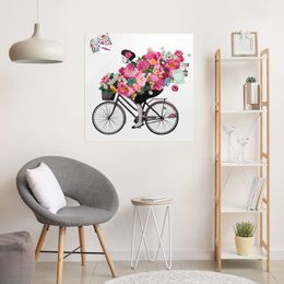 Glasbild Illustration Frau auf Fahrrad Collage bunte Blumen