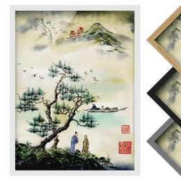 Bild mit Rahmen Japanische Aquarell Zeichnung Kiefer und Bergdorf